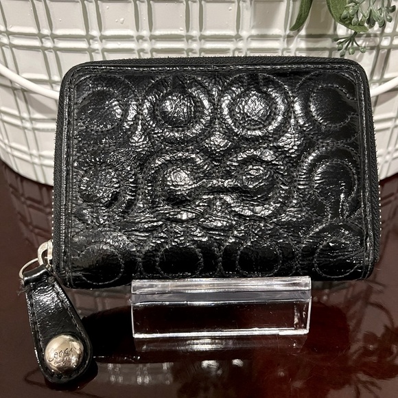 Coach | Bags | Coach Signature Embossed Black Patent Leather Zip Around ...
